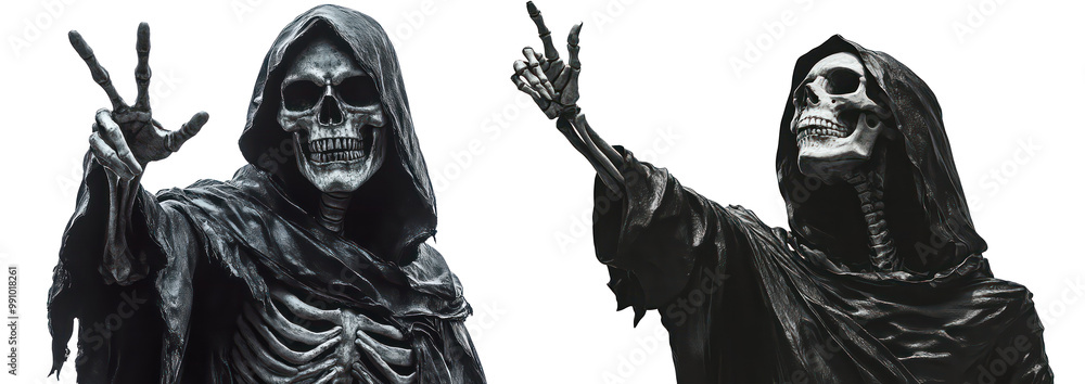 Grim Reaper Skeleton in Black Cloak Pointing Hand, Symbol of Death and ...