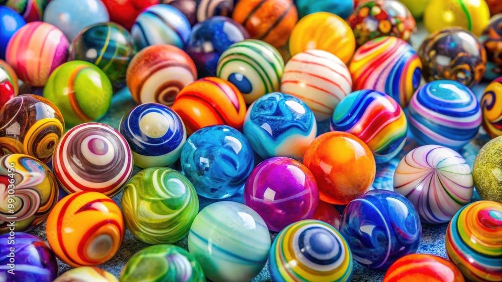 Colorful collection of marble toys including shooters, swirls, and ...