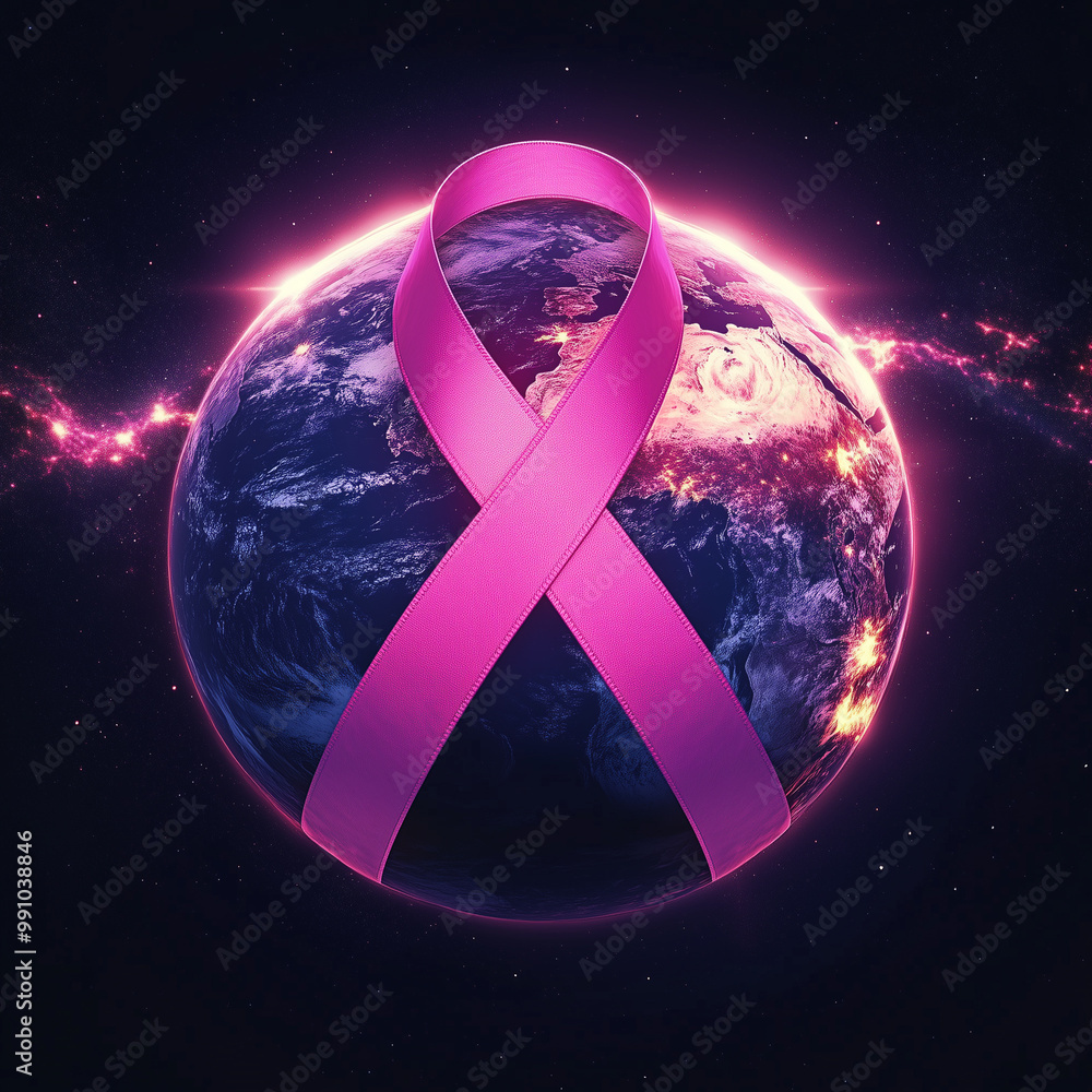 pink ribbon of cancer around planet earth, glowing light effects on the ...