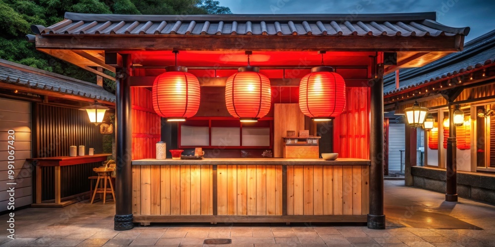 Japanese style food stall with a big red lantern hanging at the ...
