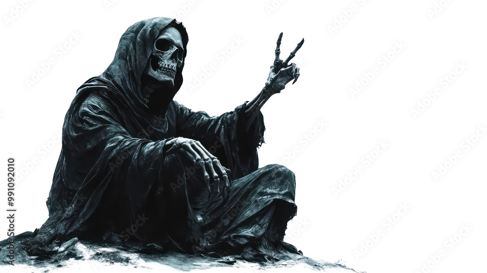 Grim Reaper Skeleton in Black Cloak Pointing Hand, Symbol of Death and ...