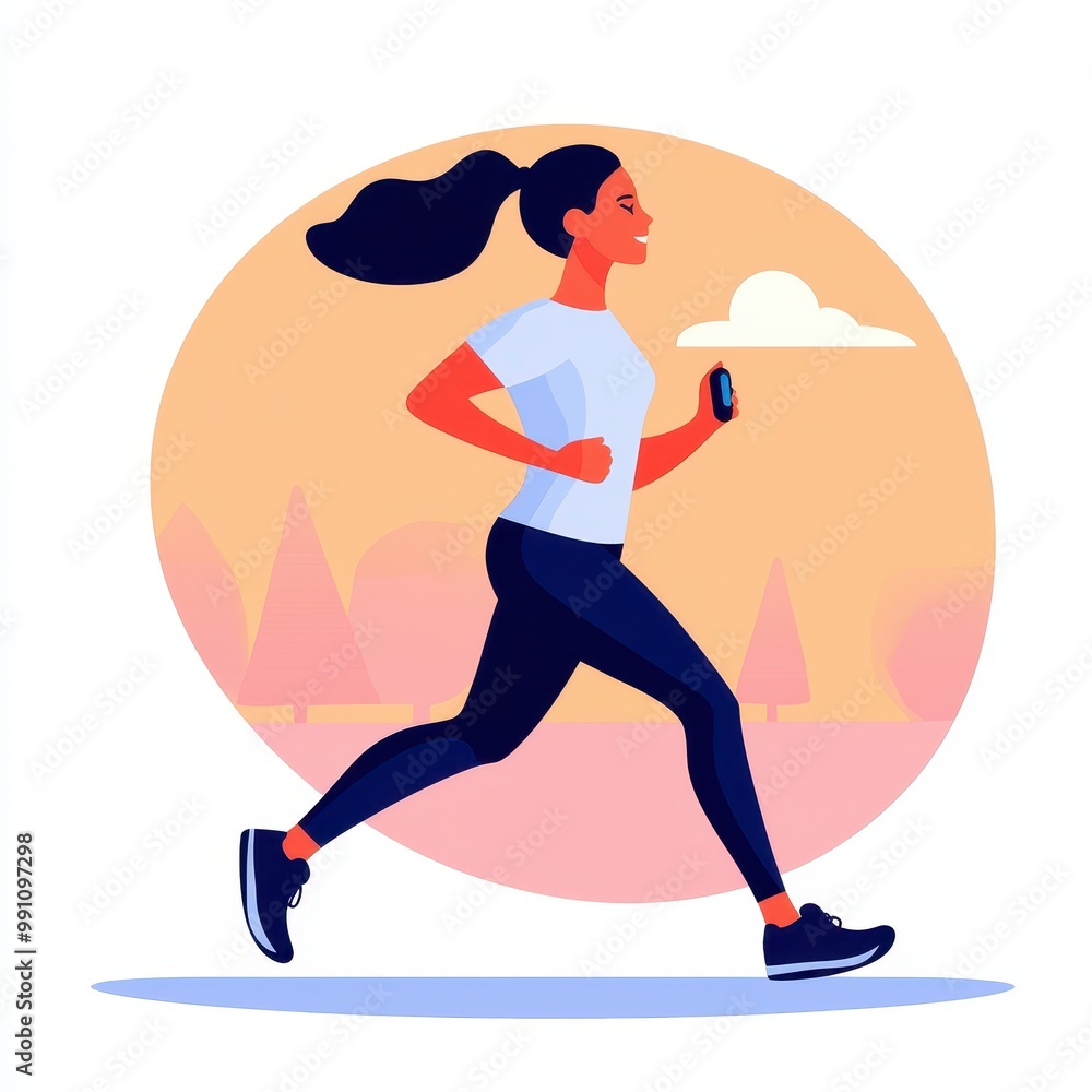 Woman jogging with a fitness tracker, detailed illustration, pastel ...
