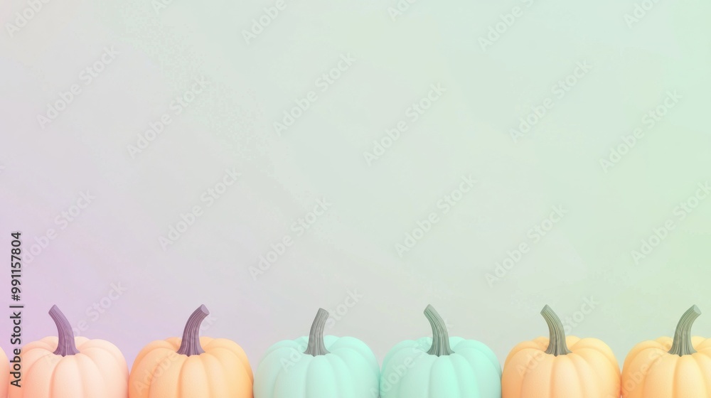 Row of pastel-colored pumpkins is forming a bottom border on a gradient ...