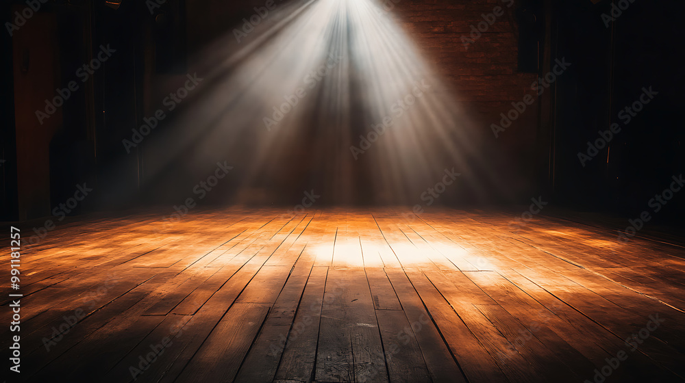 Empty stage with wooden floorboards and a spotlight shining down ...
