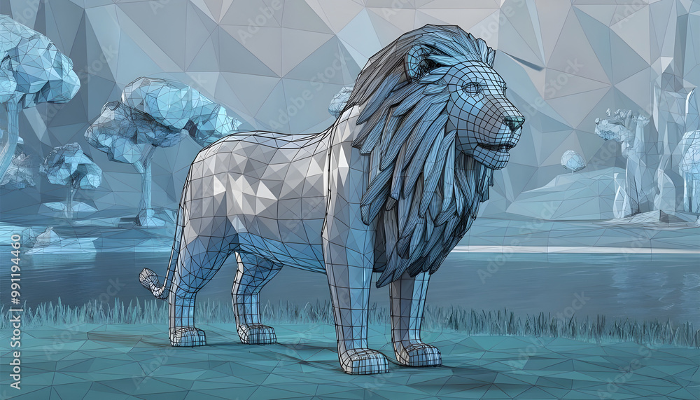 Lion. Digital polygon illustration. Isolated line and dots technology ...