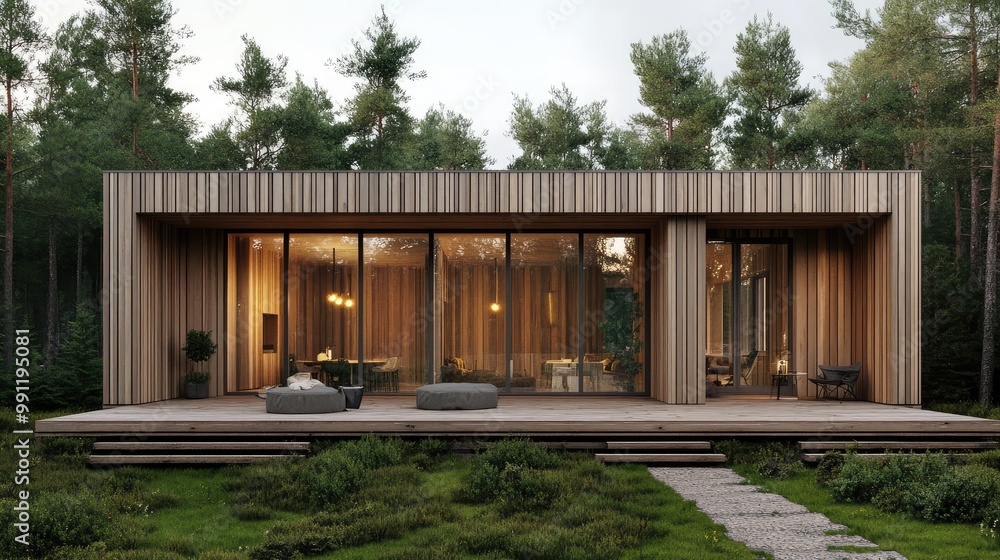A modern wooden home designed with Scandinavian simplicity, featuring ...