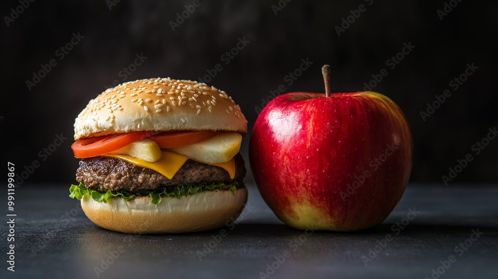 Image split in half, hamburger and apple. Healthy vs unhealthy food ...