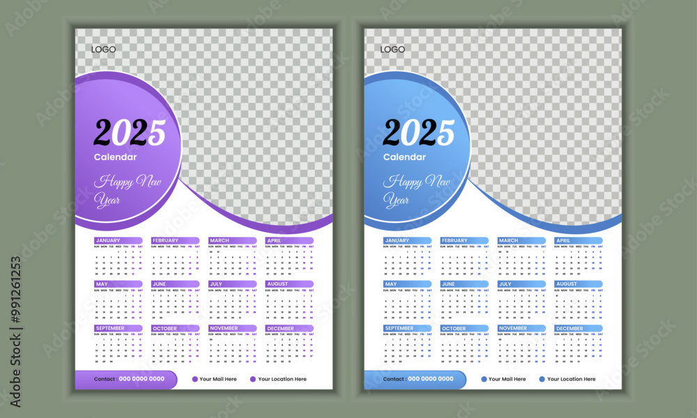 Modern One Page Print Ready wall calendar design 2025, schedule month ...