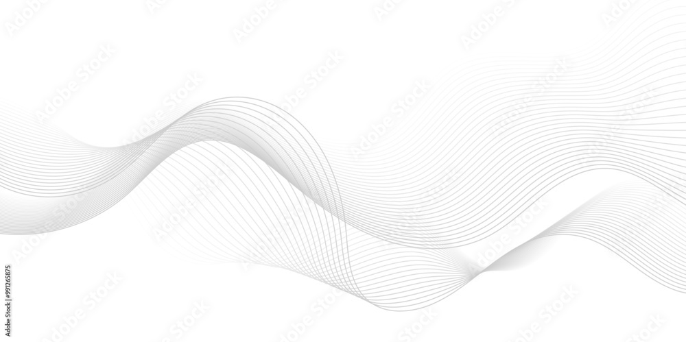 Gray wave curve lines abstract background with flowing particles. Digital energy waves ...