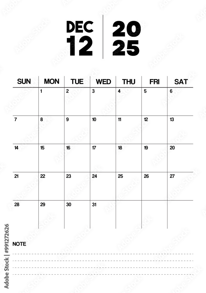 Printable Monthly Calendar Template for December 2025. Minimalist Style ...