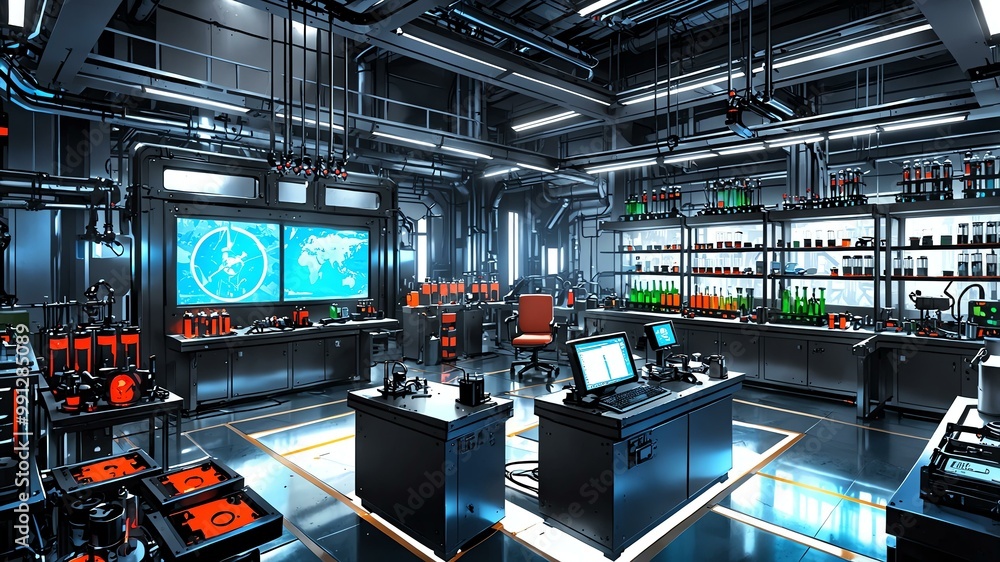 anime style a futuristic laboratory with glowing test tubes, sci-fi ...