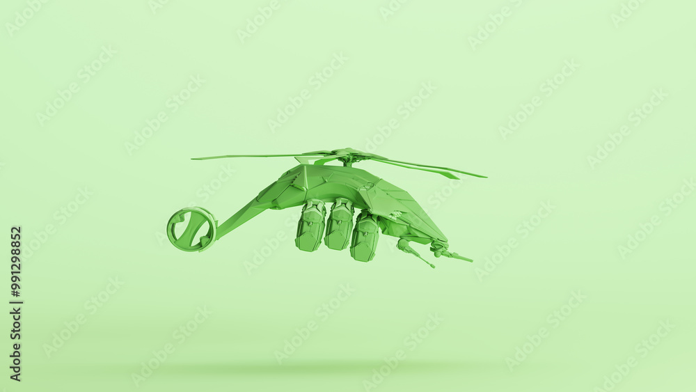 Green helicopter rotor sci fi military aircraft flying monochrome pale ...