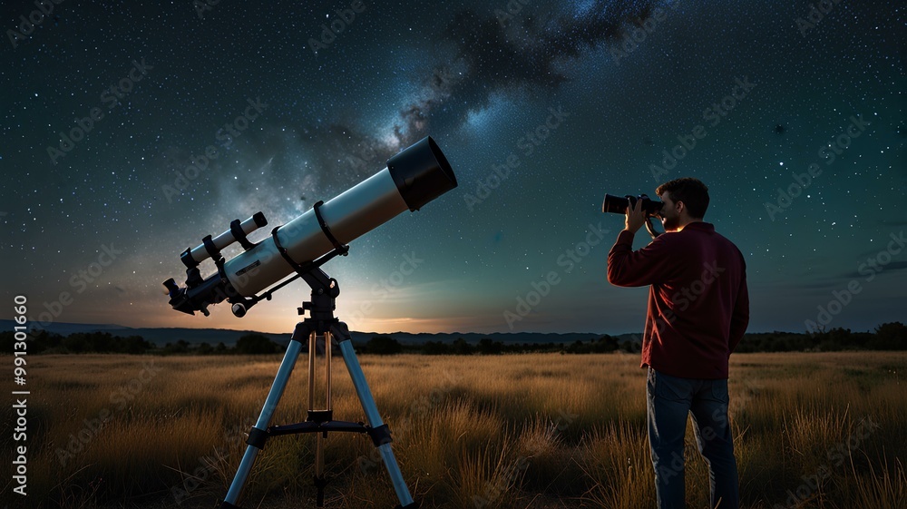 Powerful telescope set up in an open field with an astronomer looking ...