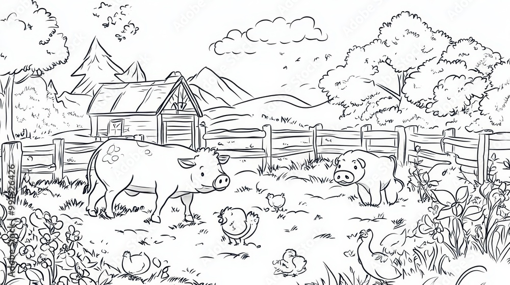 Farm Animal Scene with Pig and Chicks Stock Illustration | Adobe Stock