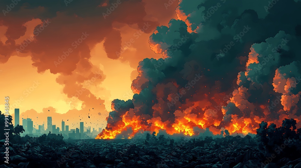 Landfill Methane Emissions: An illustration depicting gas flares rising ...
