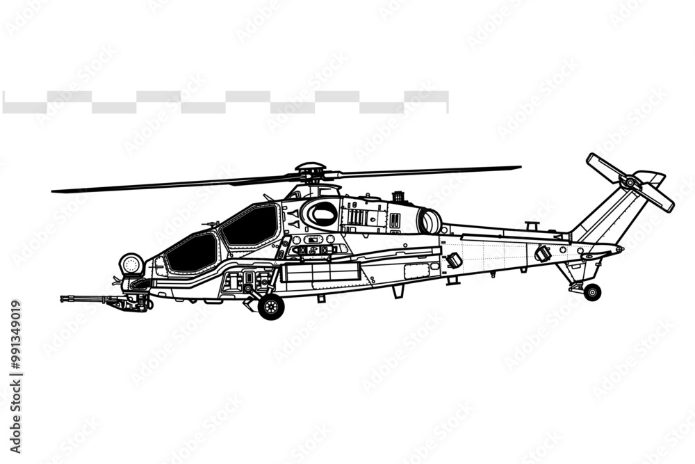 TAI AgustaWestland T129 ATAK. Vector drawing of attack helicopter. Side ...
