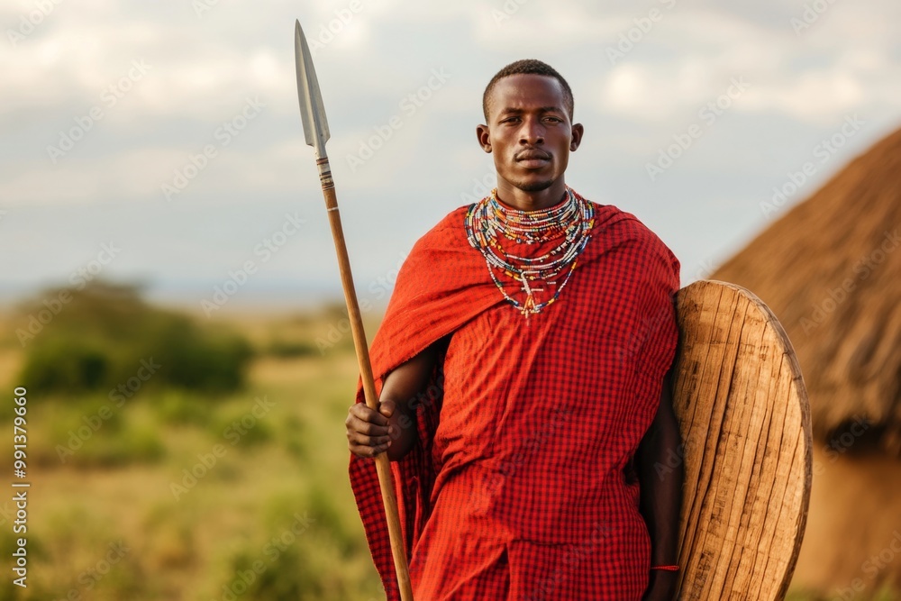 Traditional Maasai Warrior in Vibrant Red Attire with Spear and Shield ...