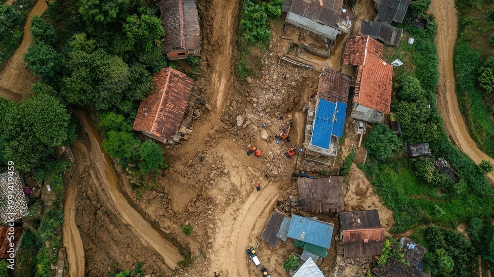 An aerial view of a rural village with collapsed houses and landslides ...