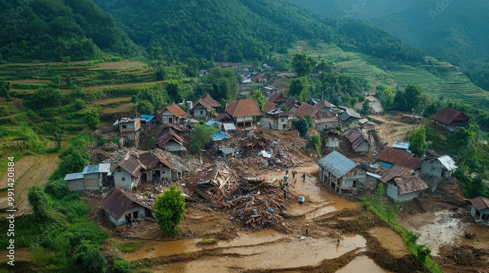 An aerial view of a rural village with collapsed houses and landslides ...