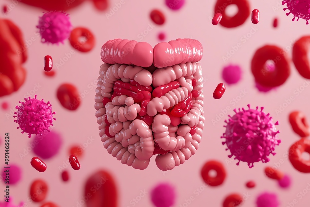 An anatomical representation of the digestive system surrounded by ...