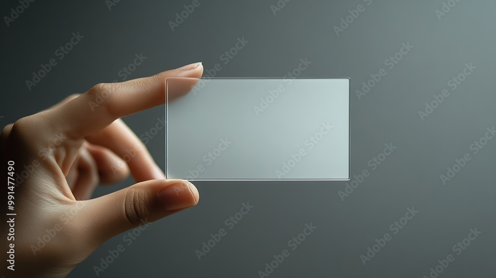 Hand hold blank vertical translucent card mockup with rounded corners ...