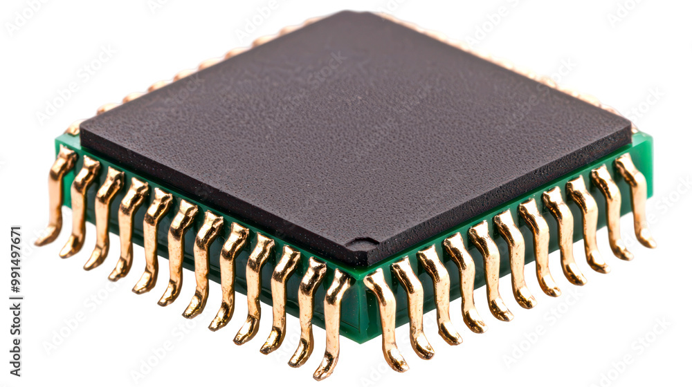 High-resolution image of a microchip with gold pins isolate on ...
