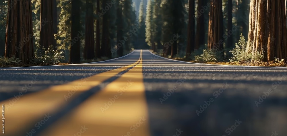 Ultra-realistic highway through redwood forest, massive trees tower ...