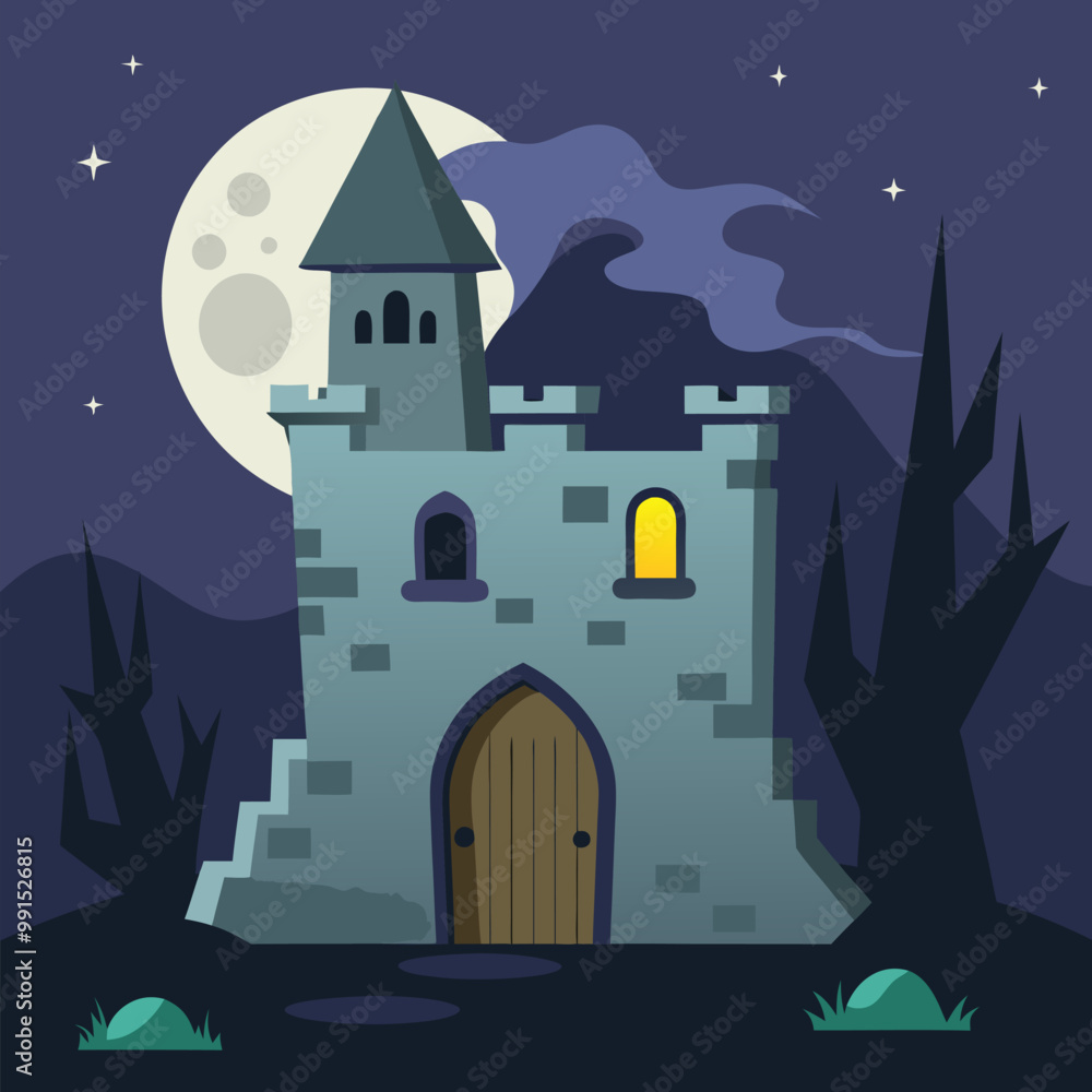 Haunted old castle with ghost, broken wooden door and stone wall ...