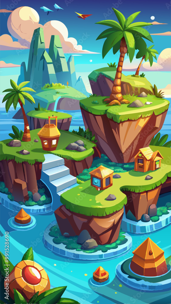 Vector de Stock Game ui level map islands in ocean with crystals, palm ... Vector de Stock Game ui level map islands in ocean with crystals, palm ...