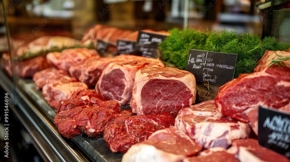 A vibrant butcher shop display featuring various cuts of fresh meat ...