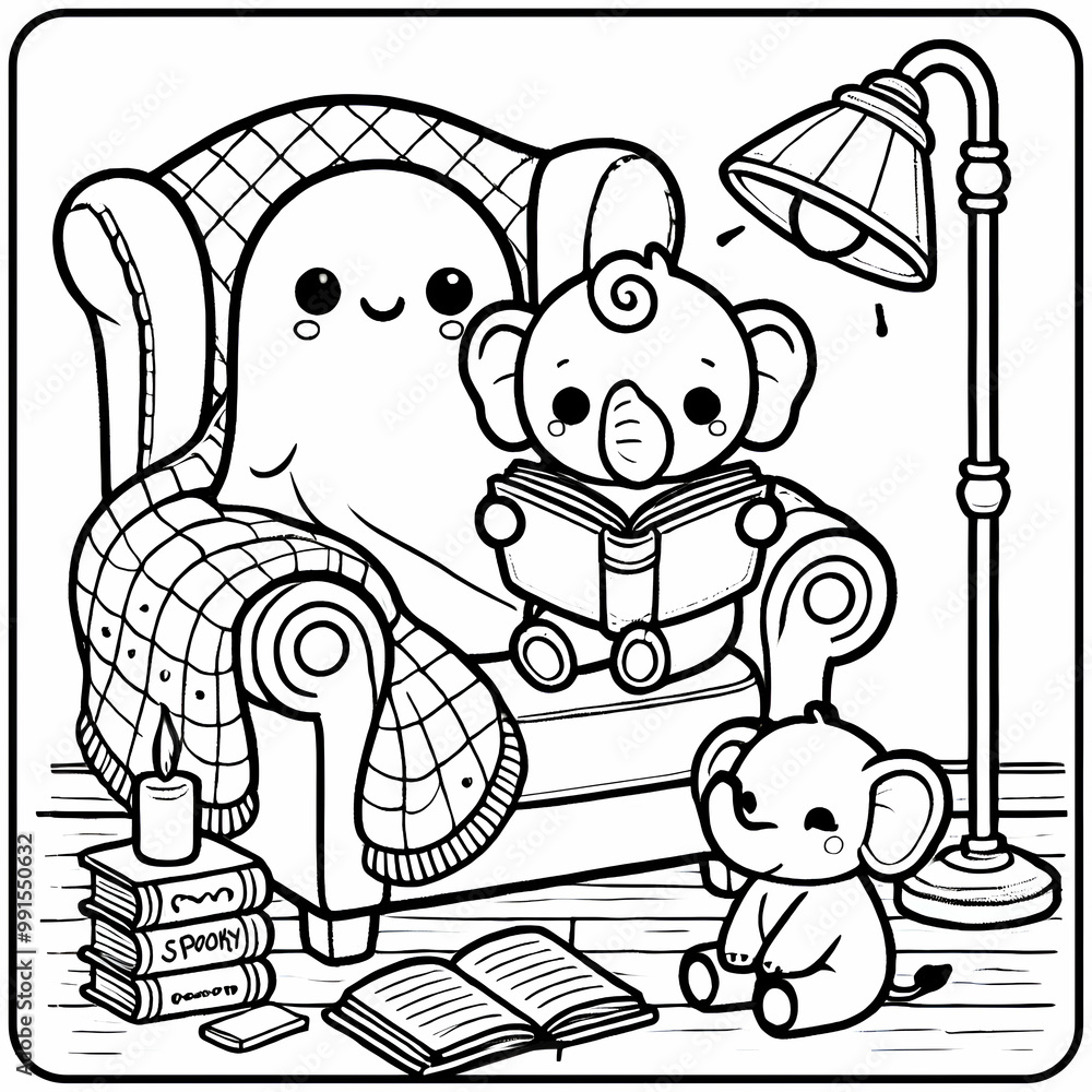 Cute ghost and elephants reading together in a cozy armchair, black and ...
