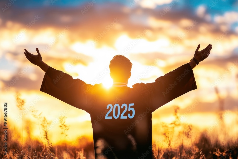 "2025" New Year resolution.Silhouette Young man Graduation in "2025 ...