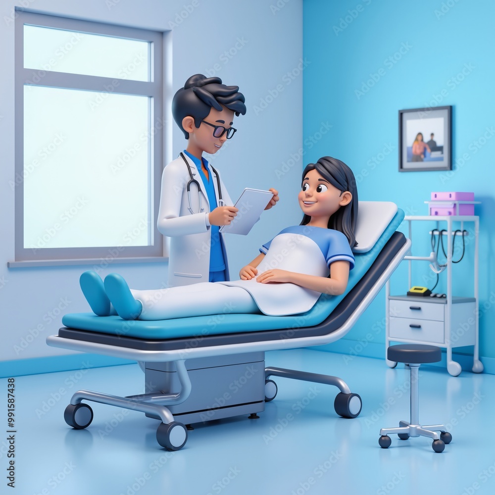 3D cartoon doctor and patient in a modern hospital room. Doctor holding ...