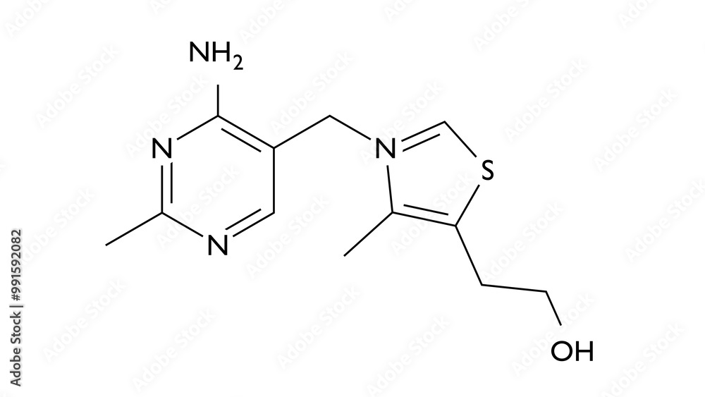 thiamine molecule, structural chemical formula, ball-and-stick model ...