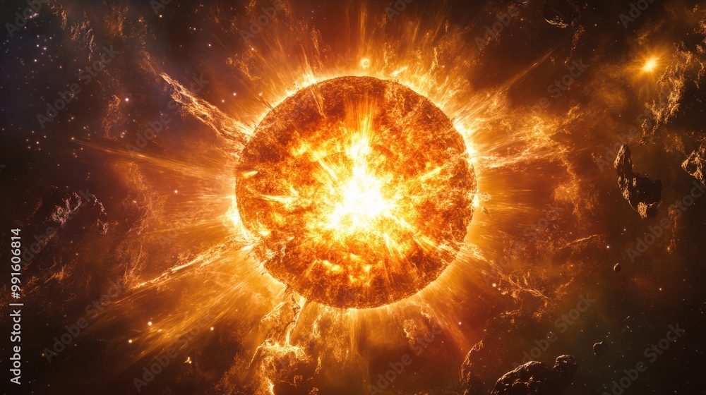 Star undergoing fusion, surrounded by solar flares and radiation bursts ...