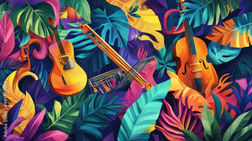 Brightly colored tropical leaves floating in a swirling motion, with ...