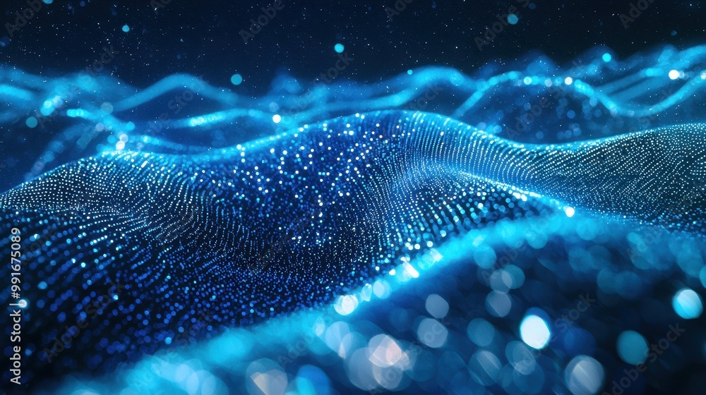 Holographic beams of blue light in a swirling motion, overlaying a tech ...