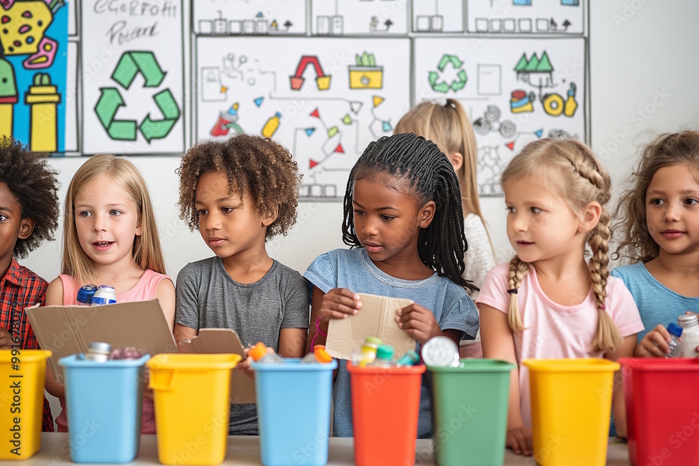 Children in a classroom participating in a recycling activity, sorting ...