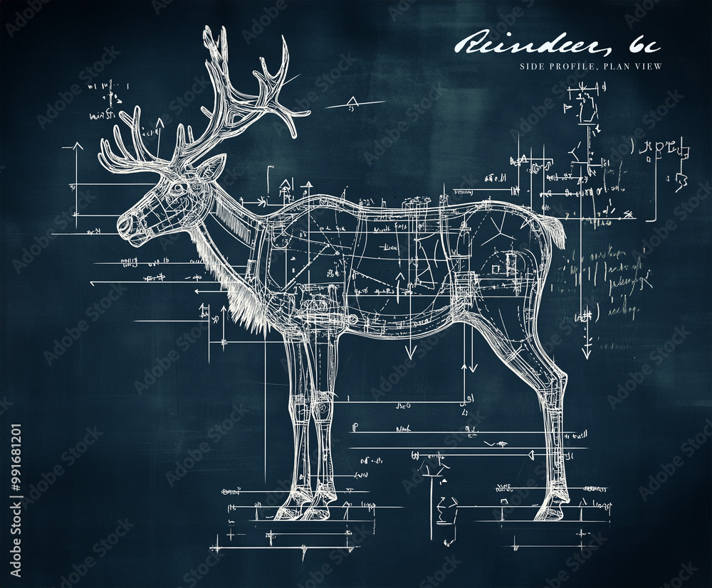 Reindeer engineering drawing, Christmas blueprint, draft drawing ...