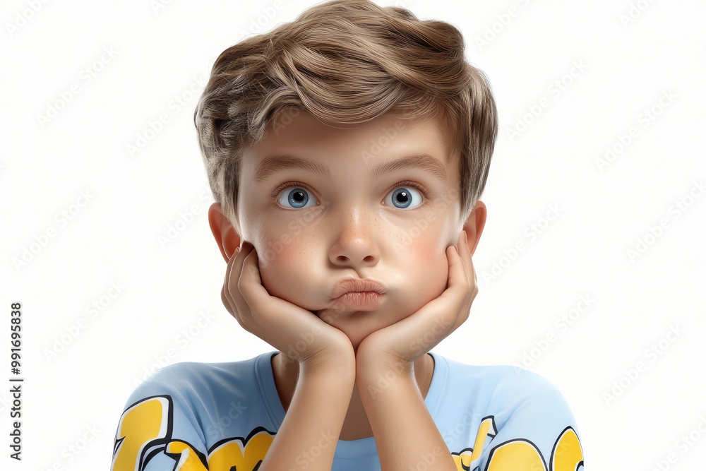 A young boy, digitally created, leans on his hands with a playful pout ...