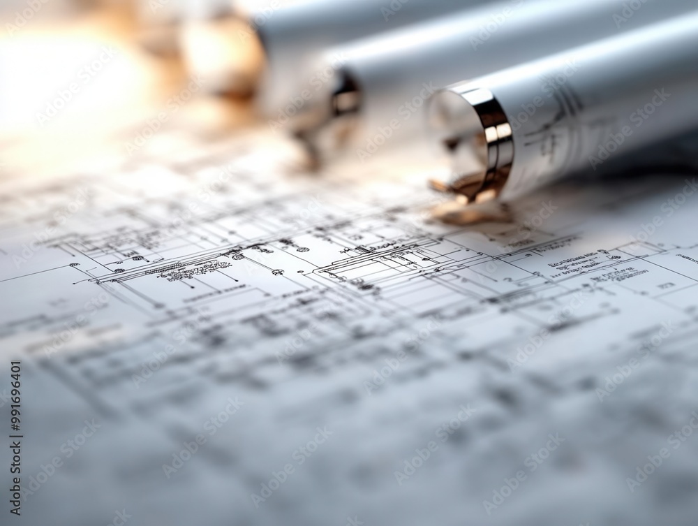 Mechanical diagram in focus, showing detailed technical schematics ...