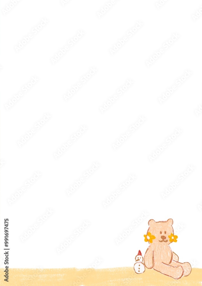 cute teddy bear with tiny snowman border frame, illustration card ...