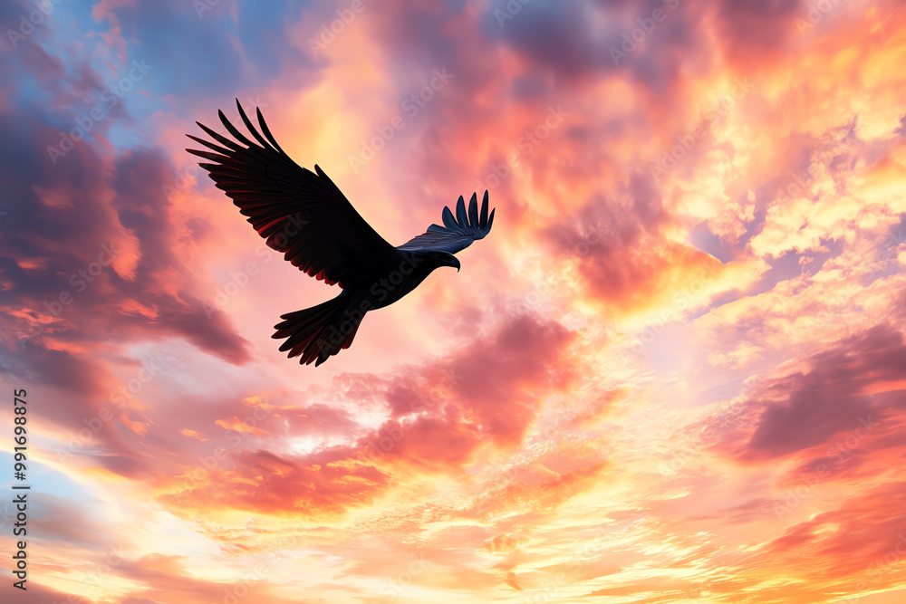 Capture a majestic bird soaring high in a vibrant sky, emphasizing its ...