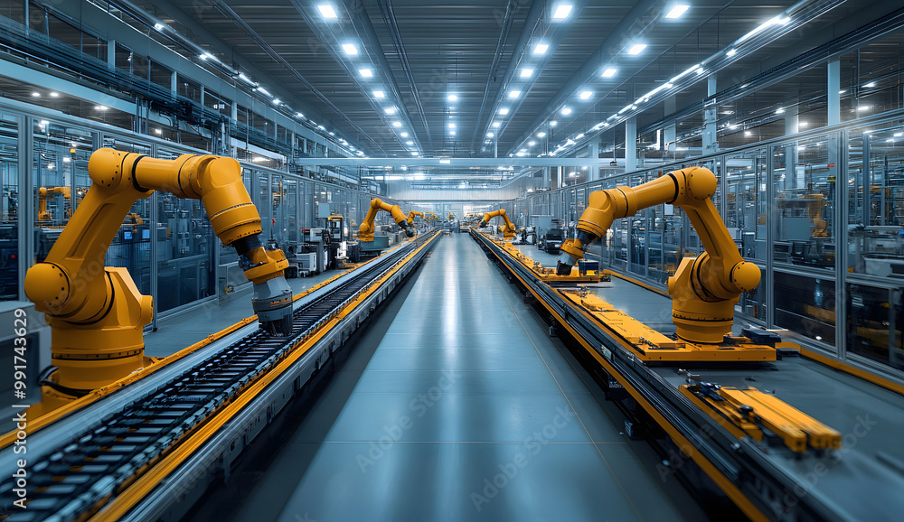A High-Tech Production Line Featuring Advanced Robotic Arms Operating in Perfect Synchronization ...