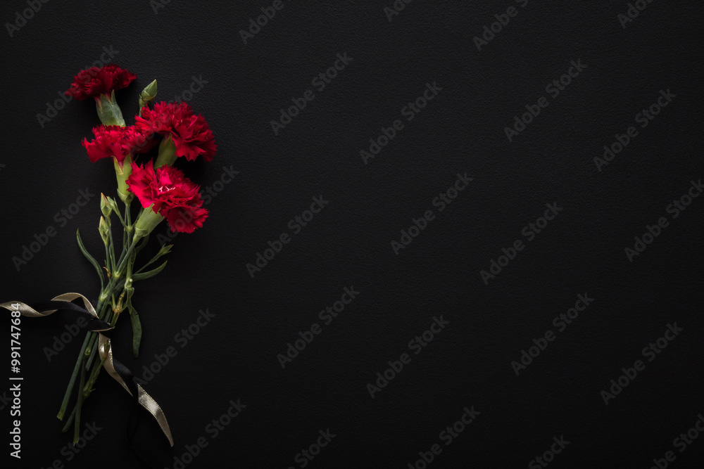 Fresh red carnation flowers with ribbon on dark black table background ...