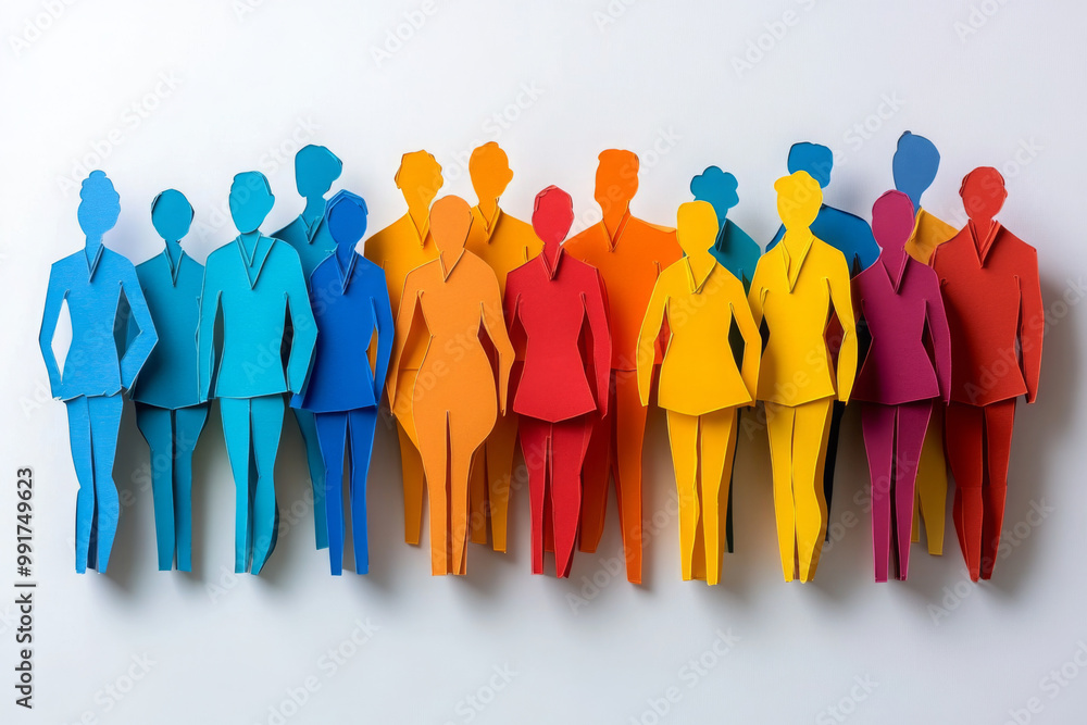 Paper cut out of a large crowd of people standing together. Diverse ...