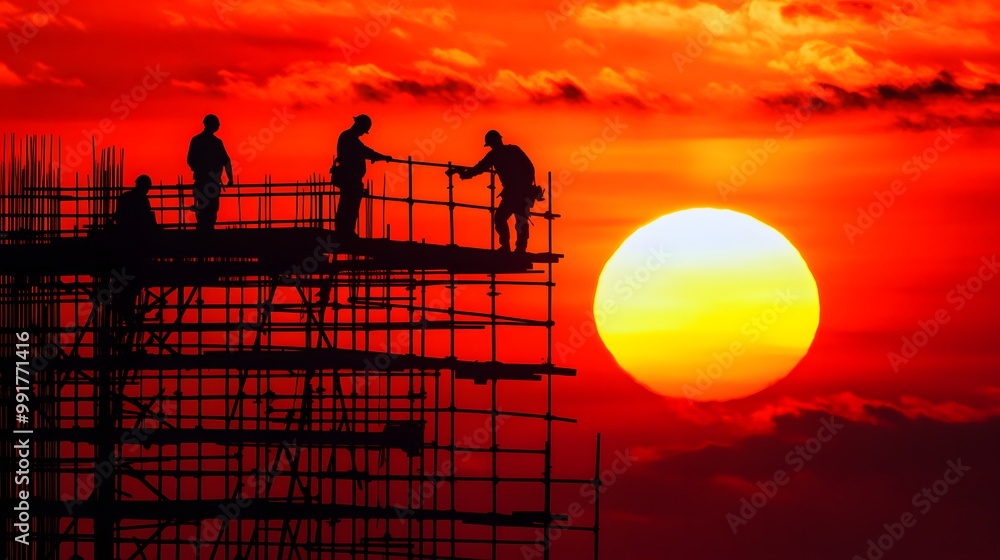 Silhouetted construction workers on scaffolding against a fiery sunset ...