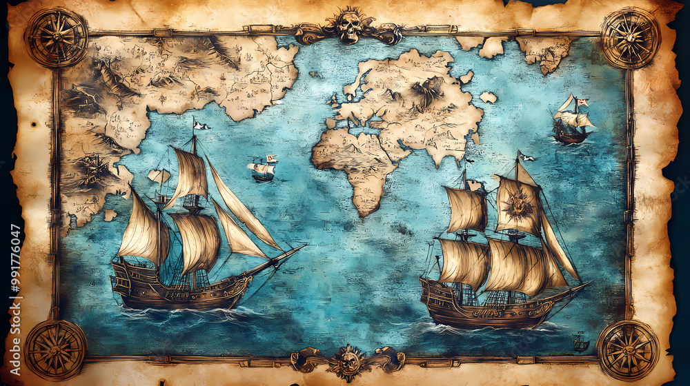 Ilustración de Stock Blue sea with ships old paper antique pirate map ...