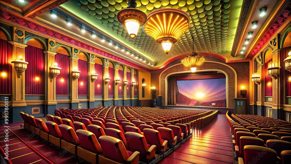 Nostalgic Vintage Movie Theater Interior with Retro Marquee and Classic ...