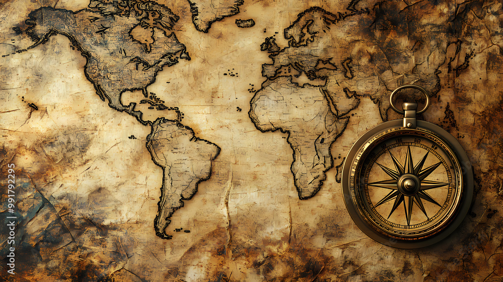 Illustration of ancient compass on old vintage world map banner ...